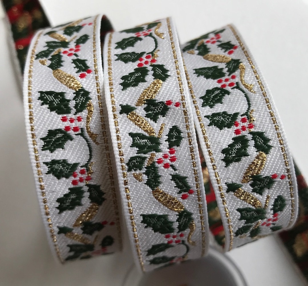 Christmas Holiday Jacquard Woven Ribbon Trim Holly Leaves & Berries on ...