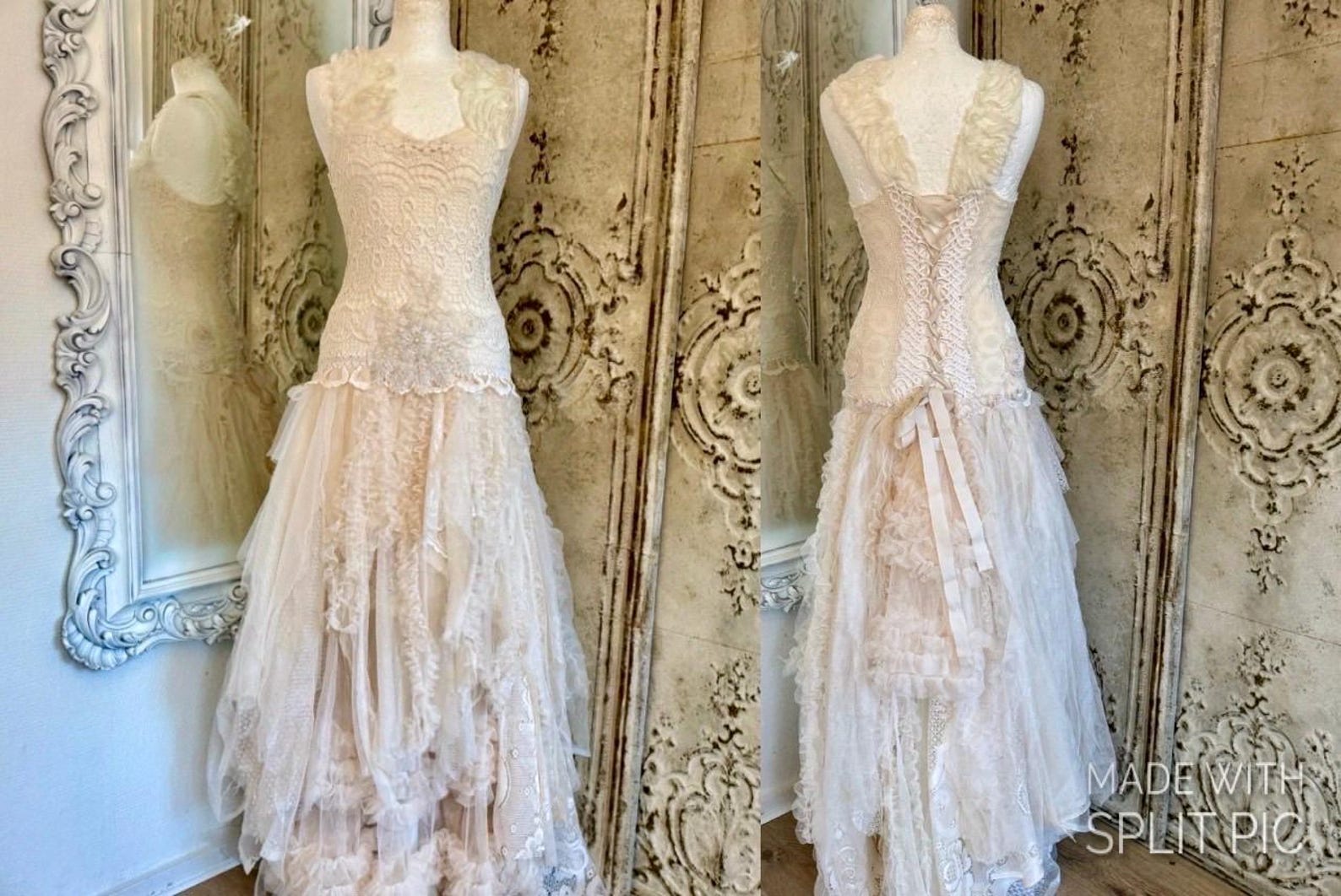 Wedding Dress Lace Open Back ,upcycled Fabric Bride to Be Raw Rags ...