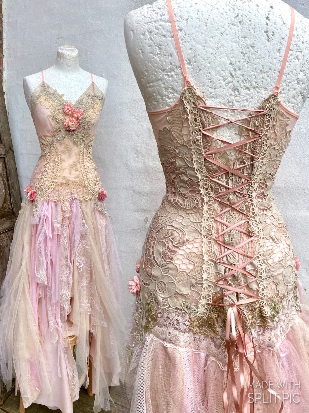 Wedding Dress With Roses Raw Rags ,boho Wedding Antique French Lace ...