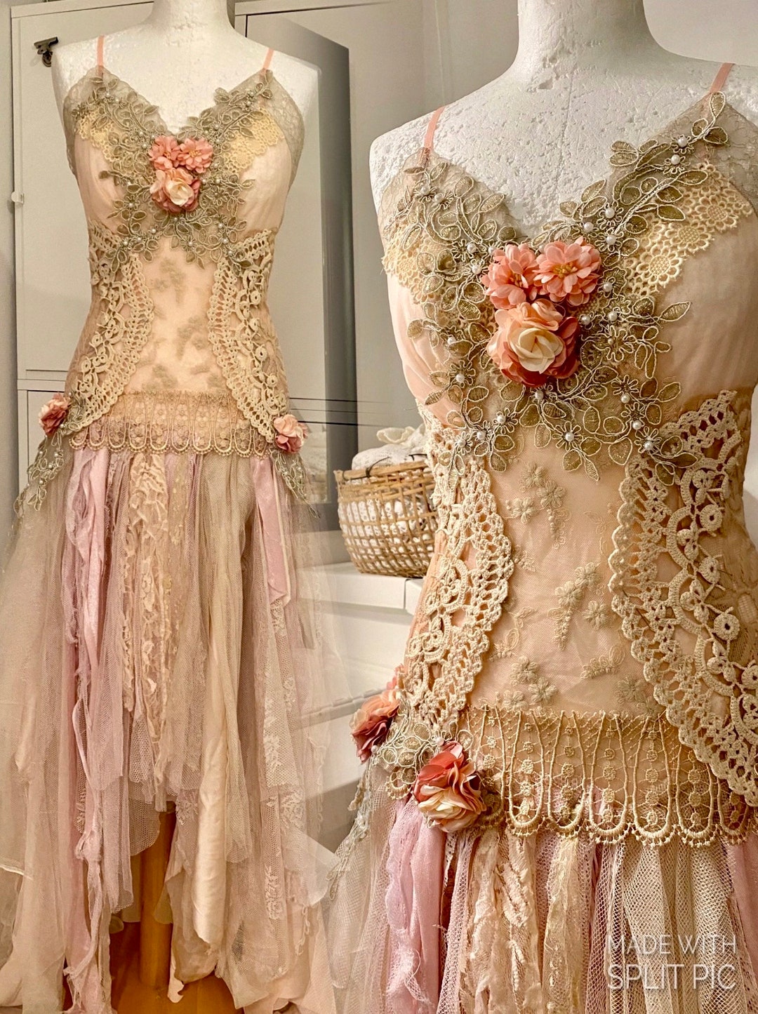 Wedding Dress With Roses Raw Rags ,boho Wedding Antique French Lace ...