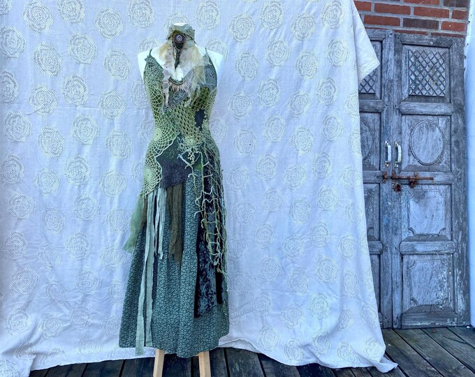 Elven Corset Back Dress in Green Colors , Handmade Raw Rags - Etsy