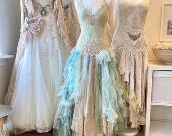 Green Boho Wedding Dress ,bridal Gown for Faries, Rustic Raw Rags - Etsy