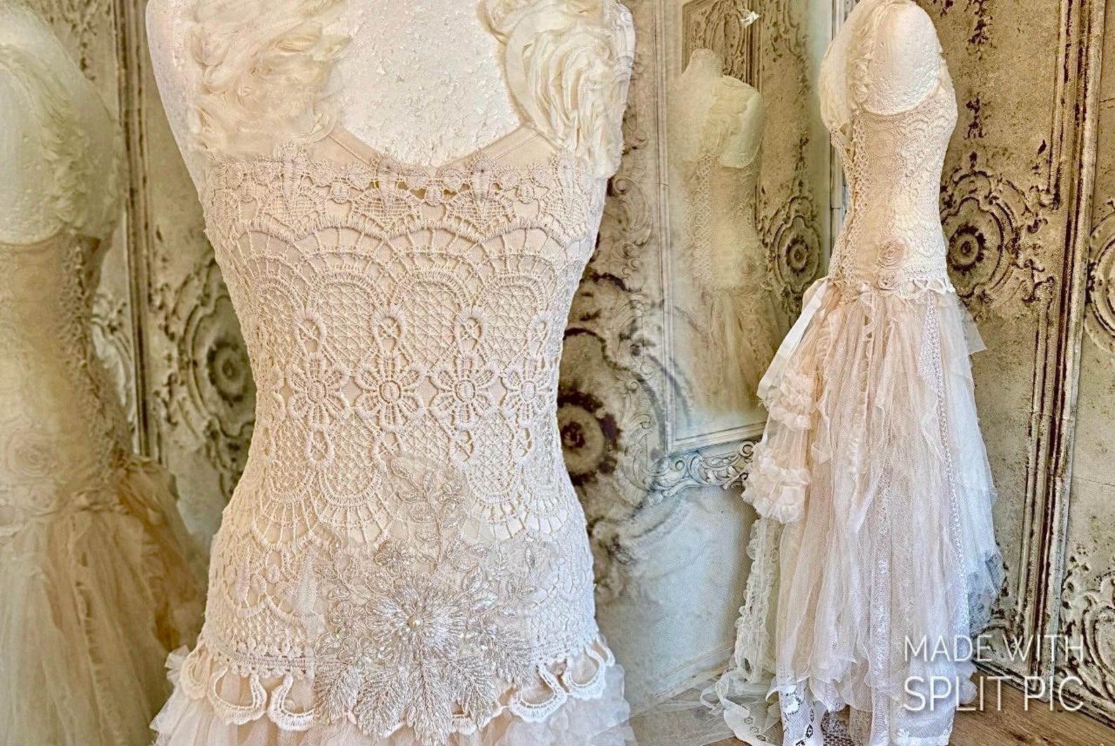 Wedding Dress Lace Open Back ,upcycled Fabric Bride to Be Raw Rags ...