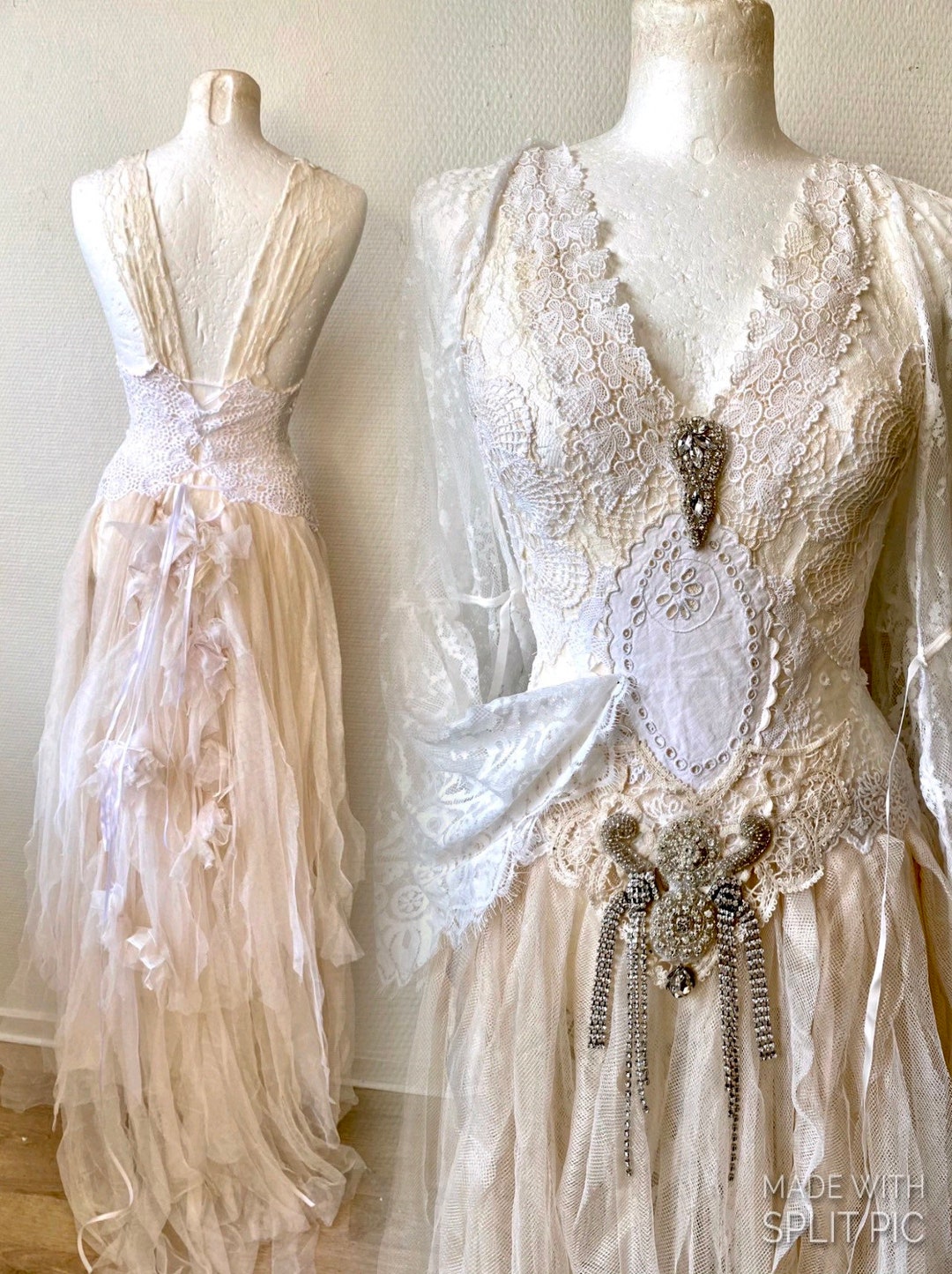 Raw Rags Bohemian Wedding Dress , High Waisted Vintage Style Antique ...