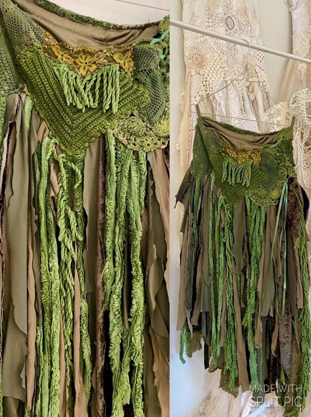 Boho Green Skirt Ragged Vintage Lace , Pixie Wedding Skirt , Raw Rags ...