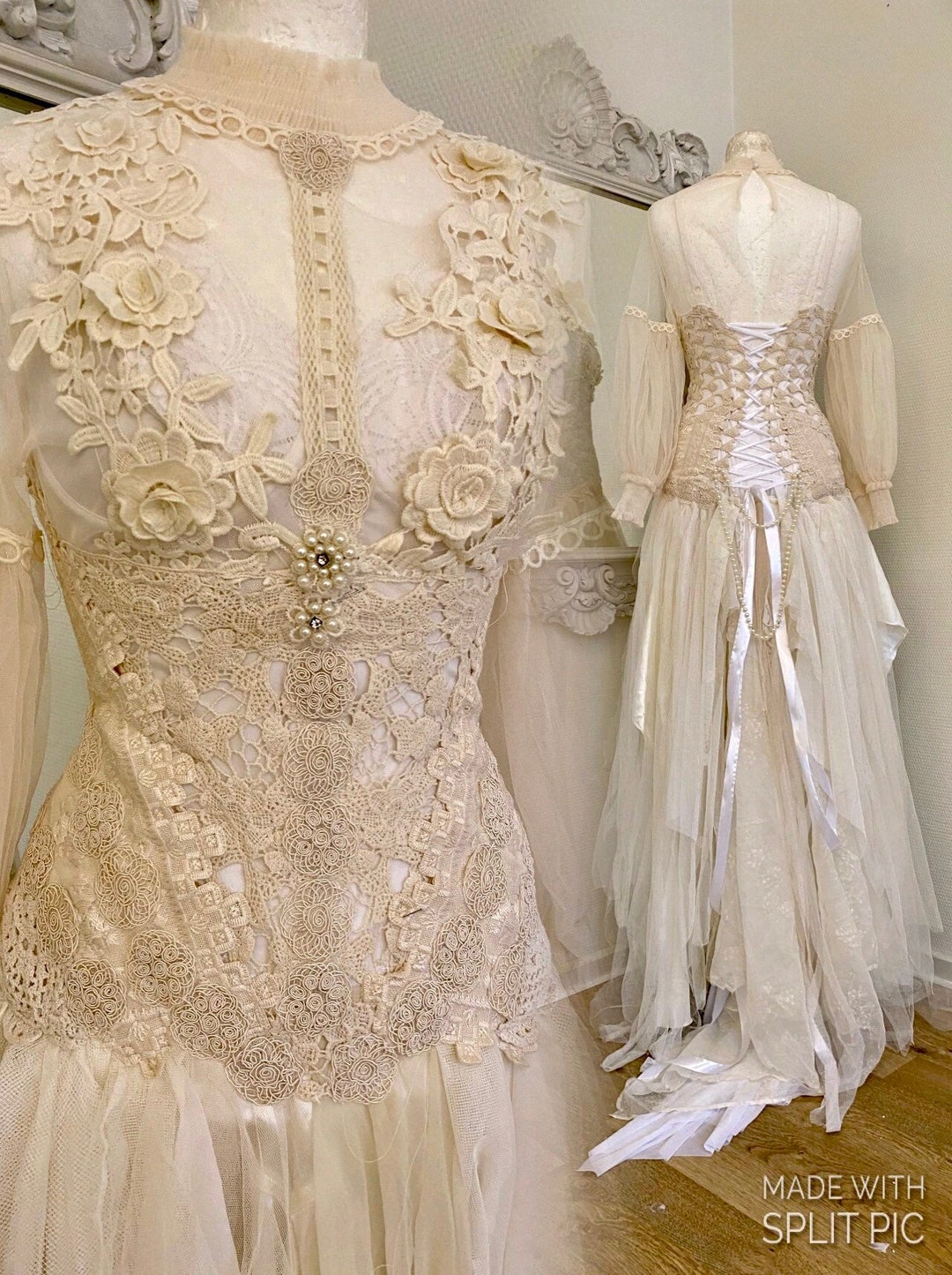 Wedding Dress With Long Sleeves , Bridal Gown One of a Kind Raw Rags - Etsy