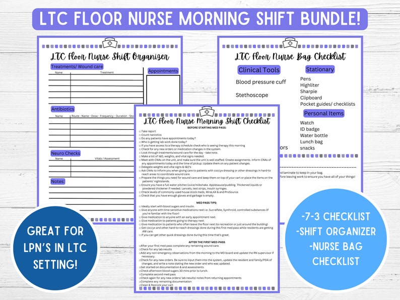 Long Term Care Shift Organizer, Checklist and Nurse Bag Checklist ...