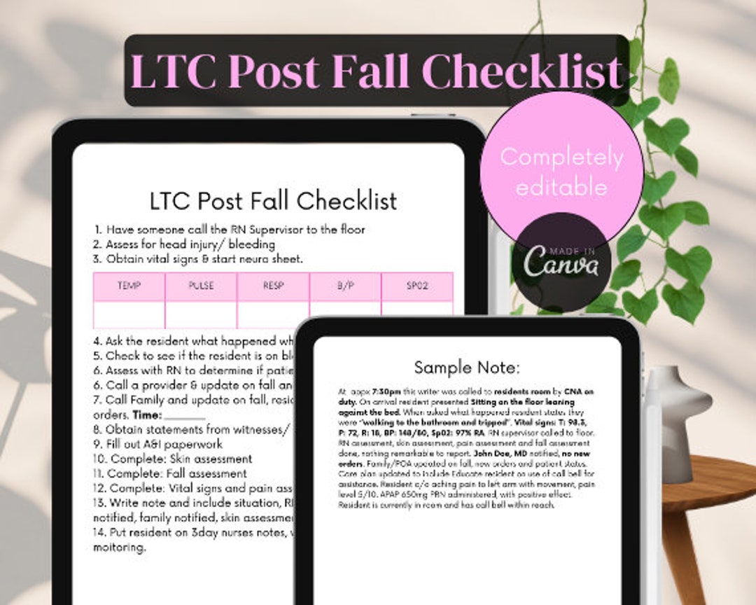 Long Term Care Post Fall Checklist. LTC Nurse Planner. Nurse Shift ...