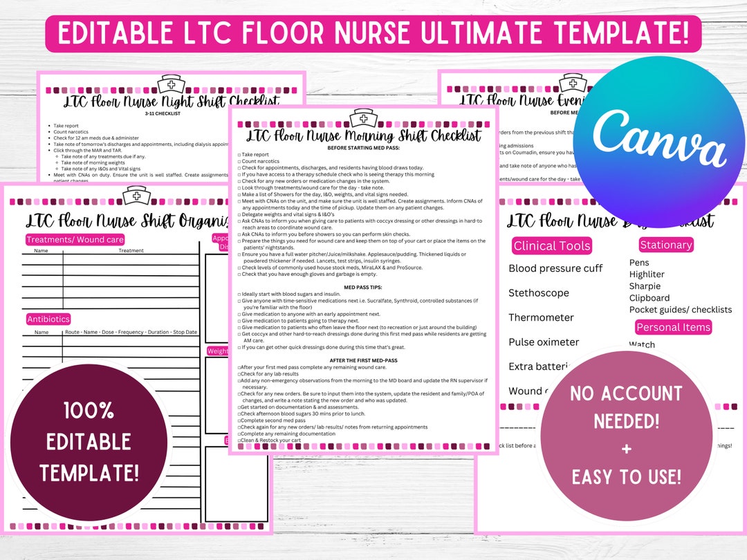 Editable Long Term Care Shift Organizer, Checklist and Nurse Bag ...