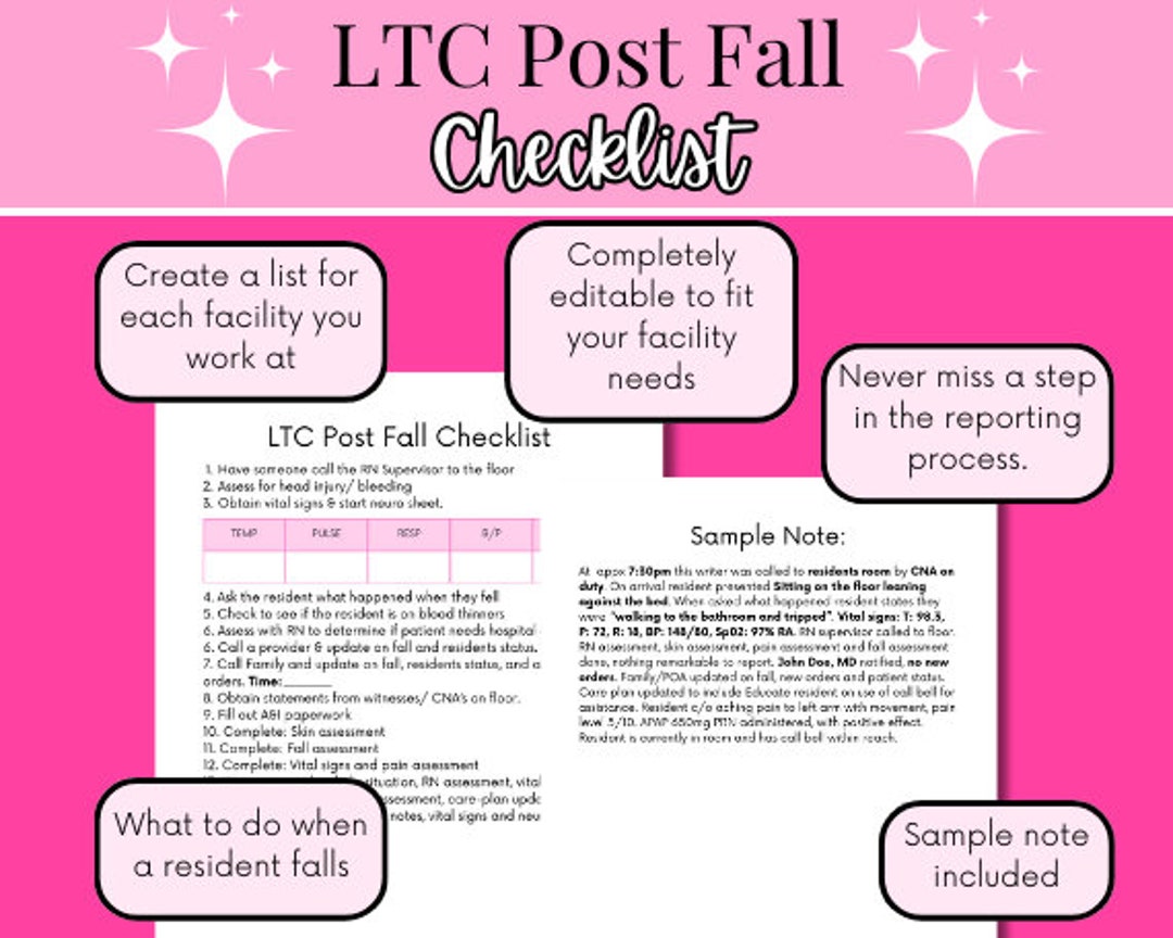 Editable Post Fall Checklist For LPN LVN Charge Nurse In Long term Care