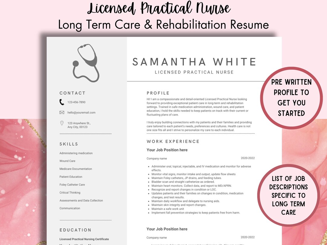 LPN/LVN Resume Template, Long Term Care (digital Download) - Etsy