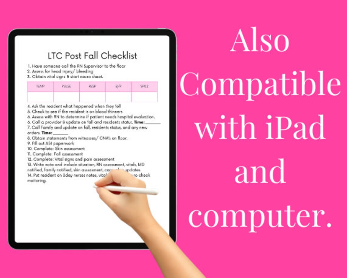 Editable LTC Nurse Post-fall Checklist | Printable Shift Tool for ...