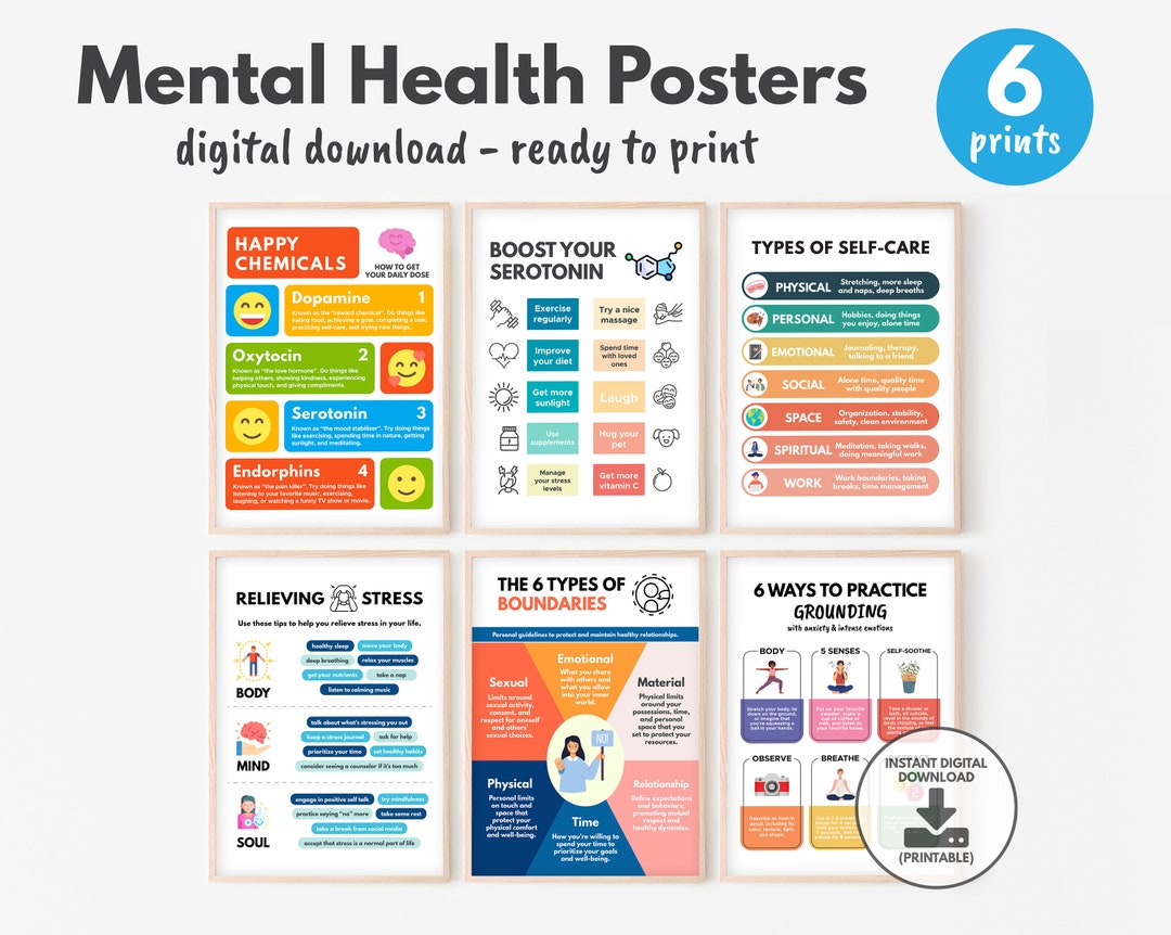 Set of 6 Mental Health Poster Bundle, Counselor Prints, Therapy Wall ...