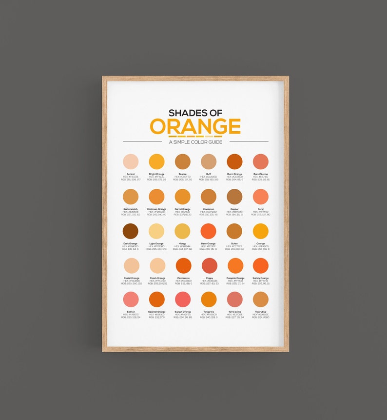 Different Shades of Orange Color Chart With 30 Different Hex Color ...