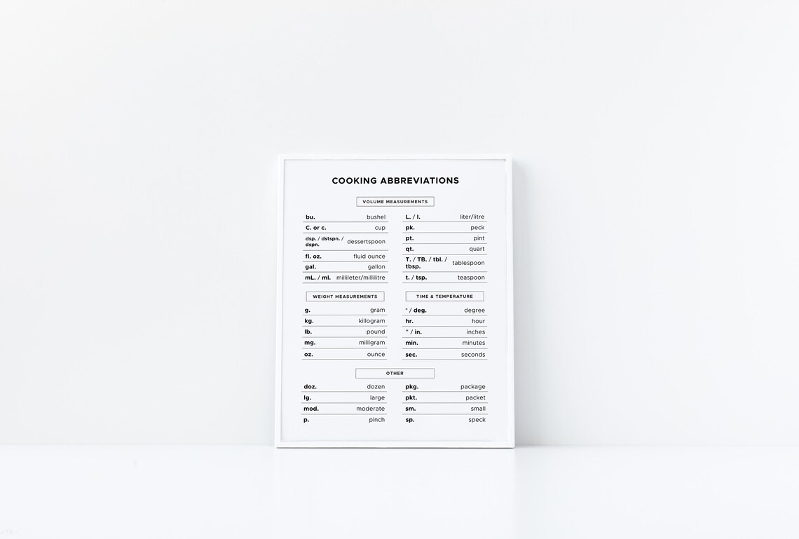 Cooking Abbreviations Chart, Cooking Cheat Sheet, Baking Kitchen Chart ...