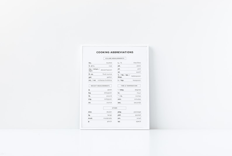 Cooking Abbreviations Chart, Cooking Cheat Sheet, Baking Kitchen Chart ...