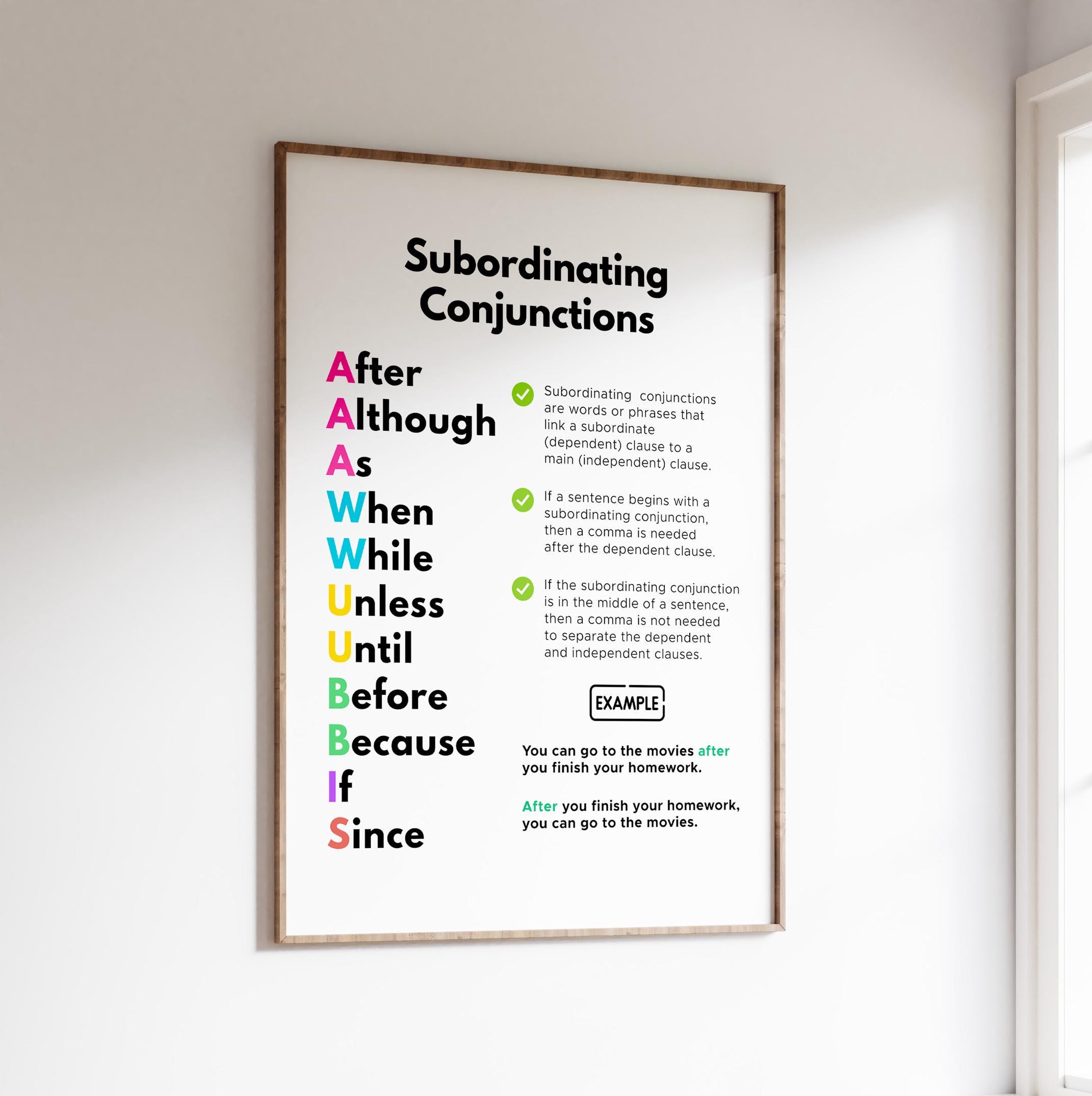 Subordinating Conjunctions Poster, Grammar Chart, Educational Poster ...