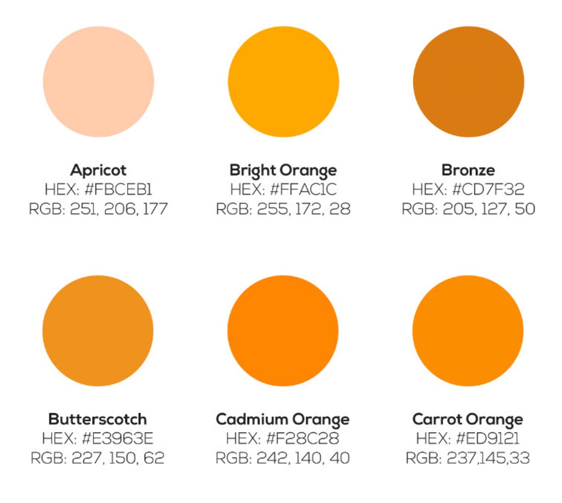 Different Shades of Orange Color Chart With 30 Different Hex Color ...