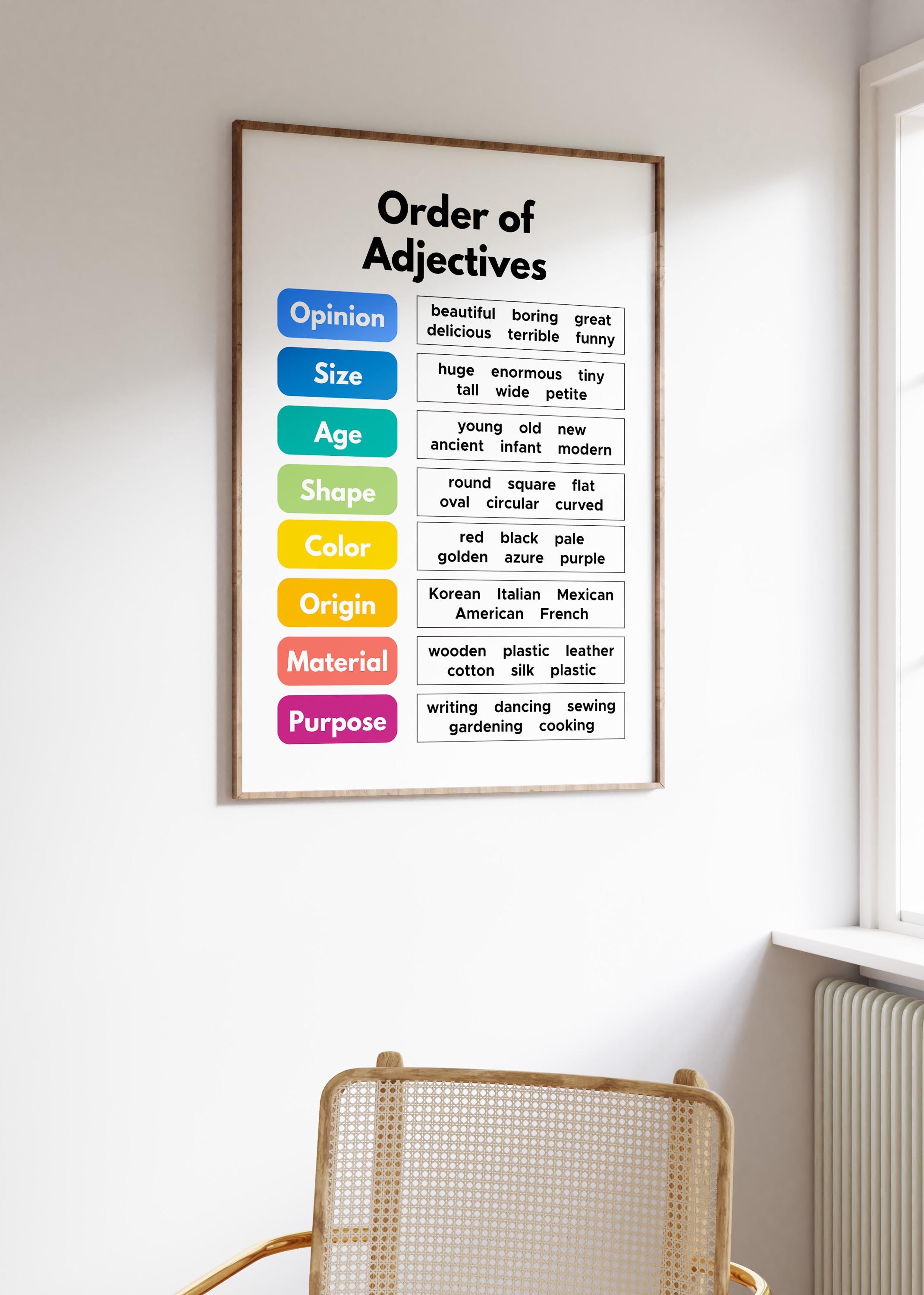 Order of Adjectives Poster, Grammar Classroom Decor, English ESL ...
