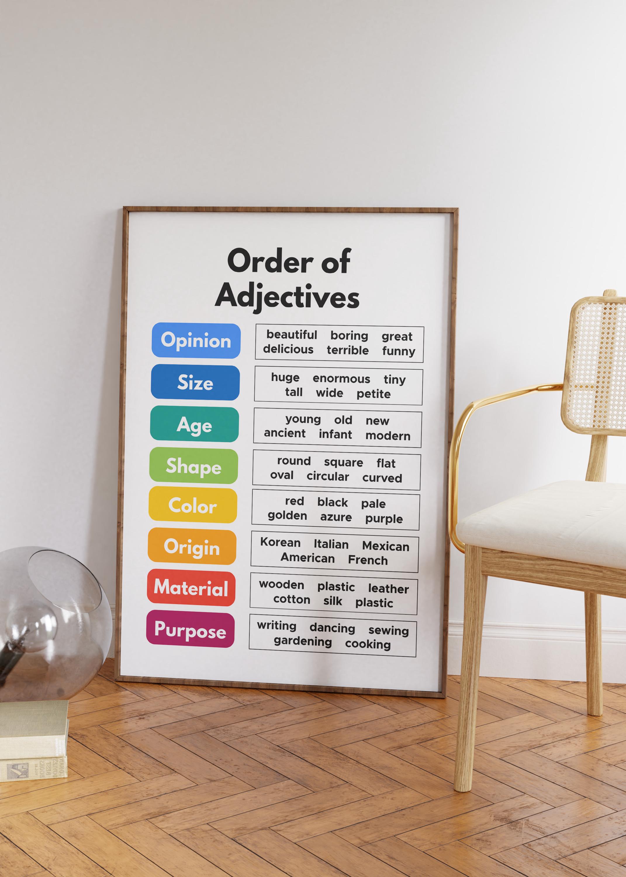Order of Adjectives Poster, Grammar Classroom Decor, English ESL ...