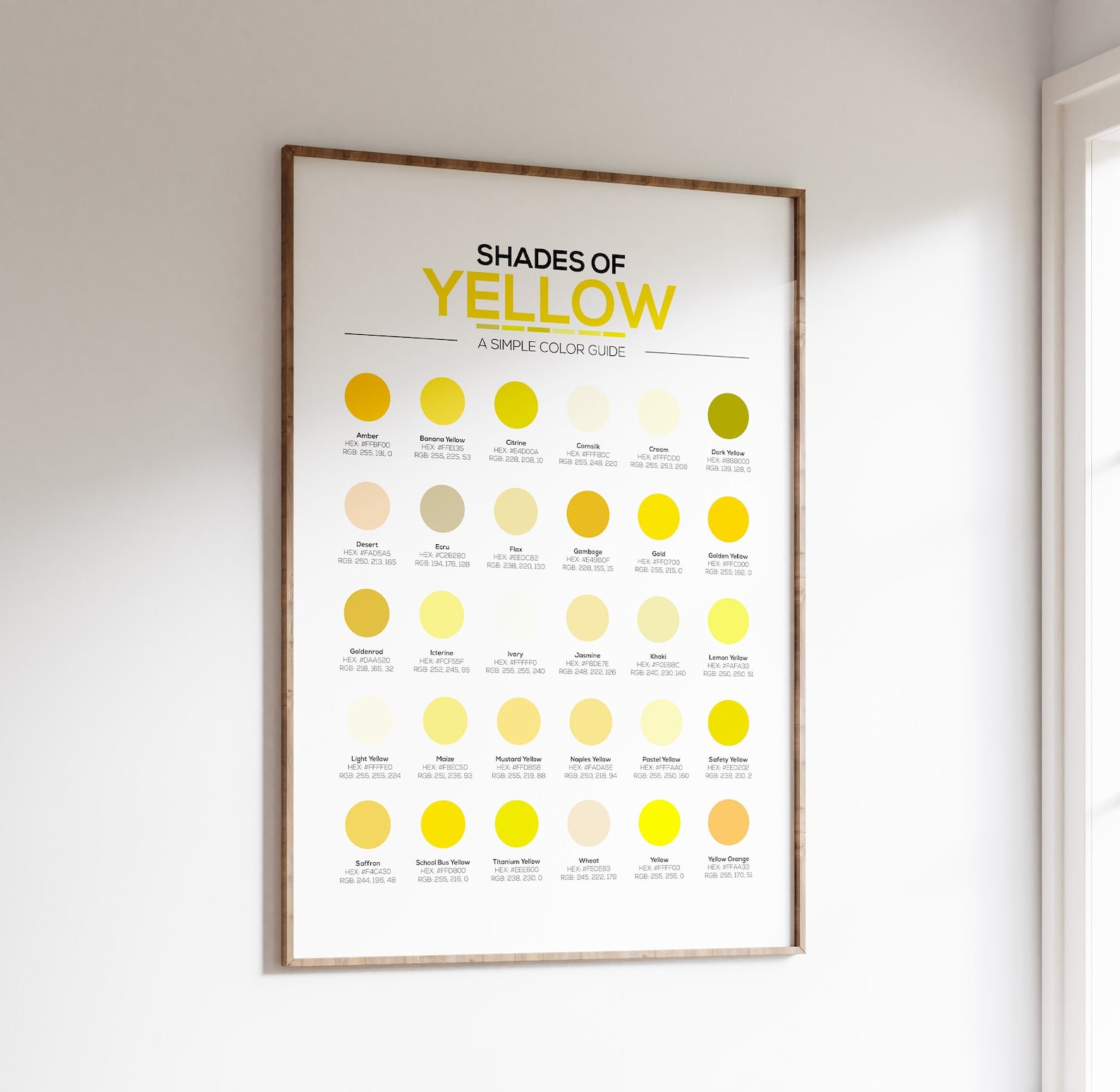Different Shades of Yellow Color Chart With 30 Different Hex Color ...
