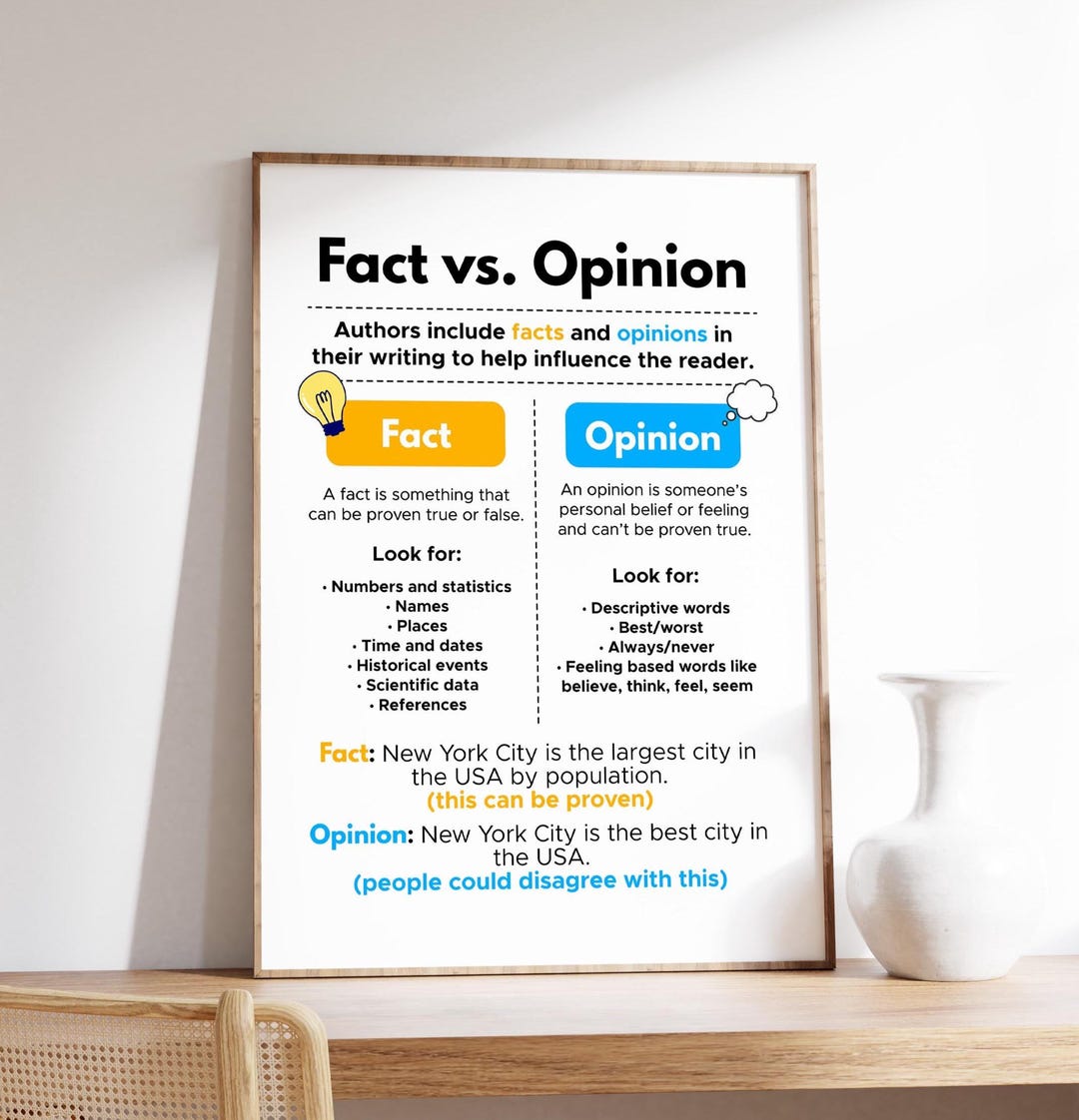 Fact Vs. Opinion Poster, Reading Classroom, Language Arts (digital ...