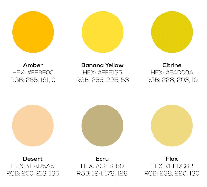 Different Shades of Yellow Color Chart With 30 Different Hex Color ...