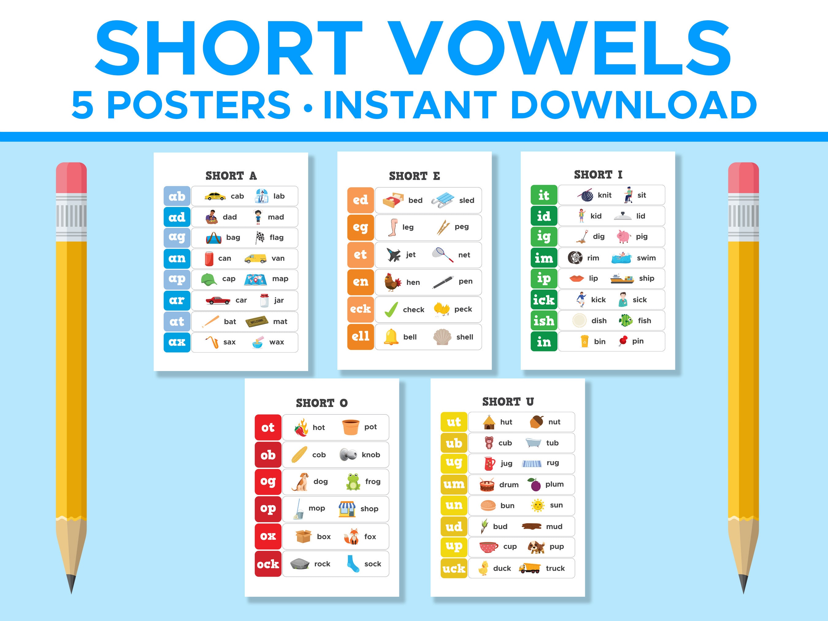 Short Vowel Sounds Charts, Set of 5 Phonics Posters for the Classroom ...