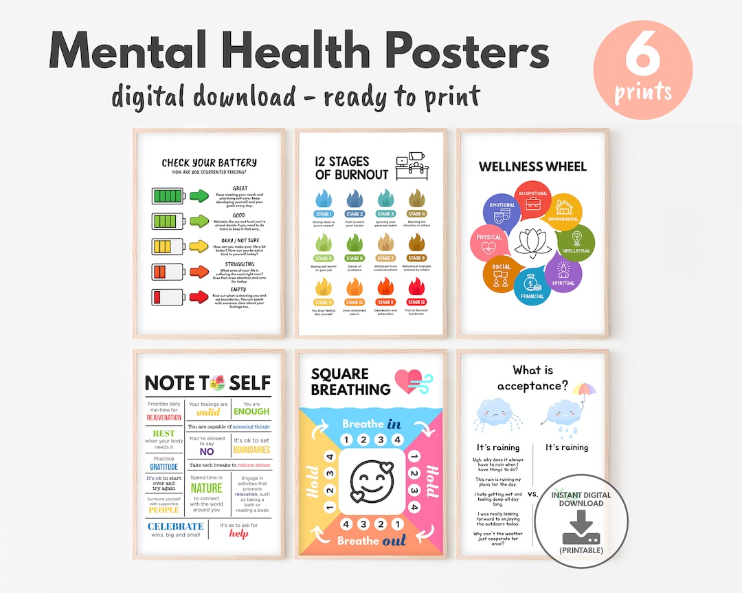 Set of 6 Mental Health Poster Bundle, Mental Health and Therapy ...