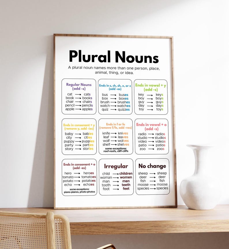 Plural Nouns Poster, Types of Plural Nouns, English Grammar, English ...