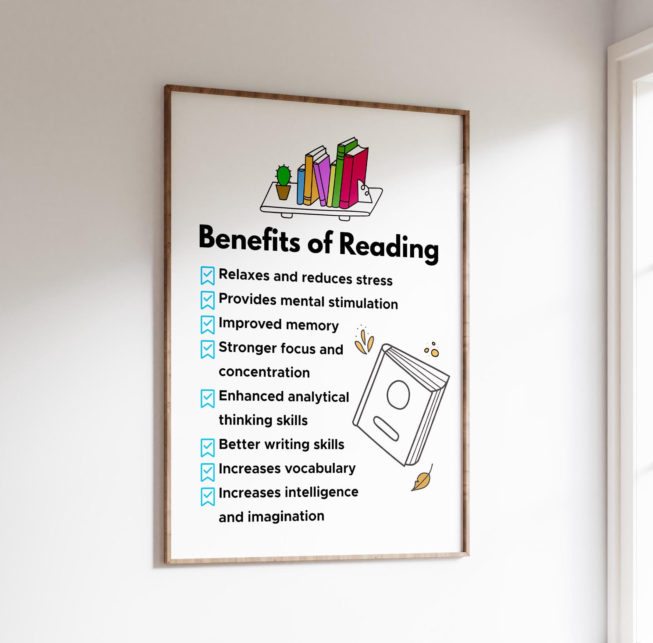 Benefits of Reading Poster, Reading Month Poster, Library Art Print ...
