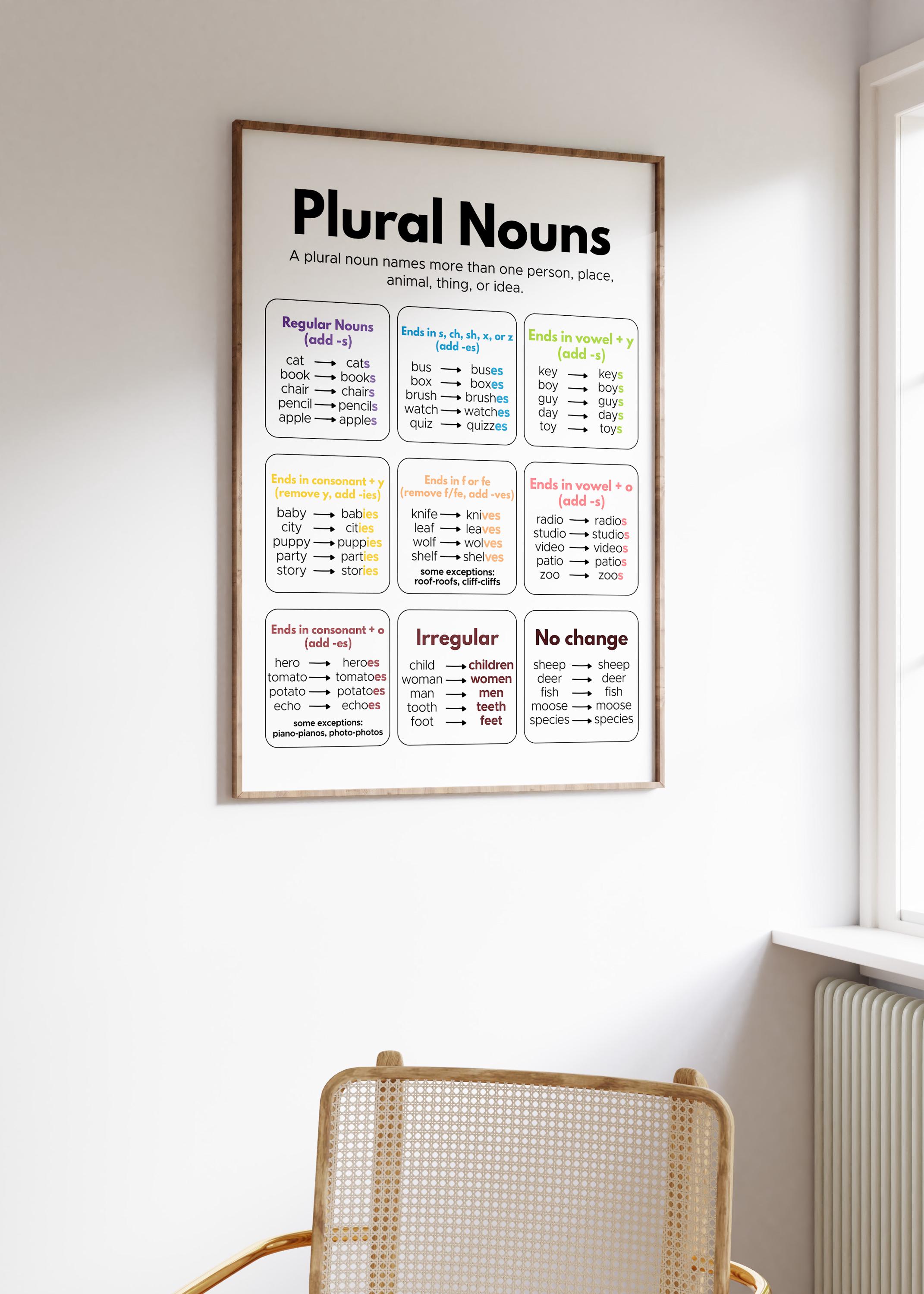 Plural Nouns Poster, Types of Plural Nouns, English Grammar, English ...