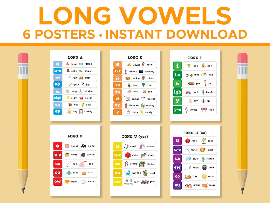Long Vowel Sounds Charts, Set of 6 Phonics Posters for the Classroom or ...