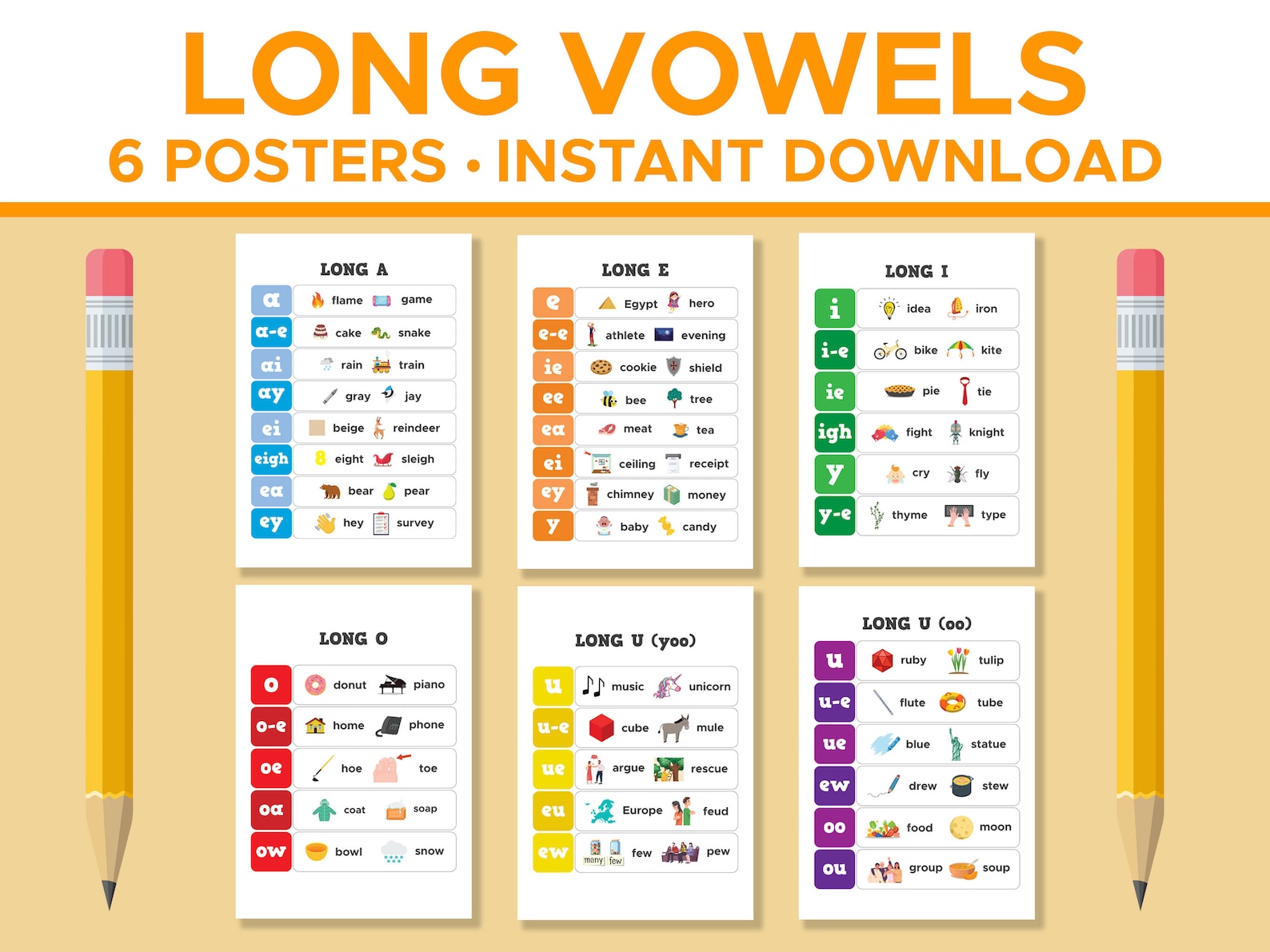 Long Vowel Sounds Charts, Set of 6 Phonics Posters for the Classroom or ...