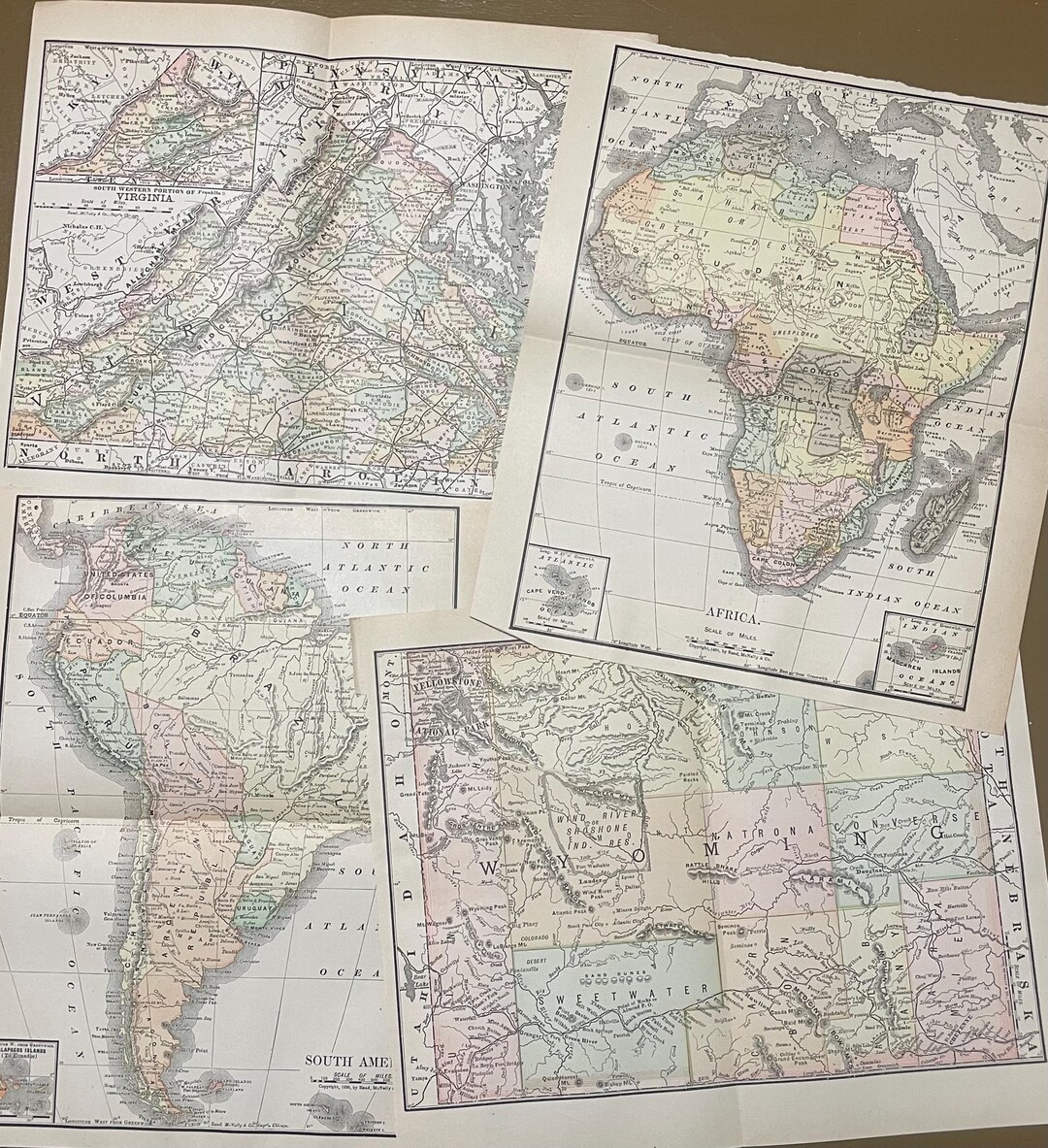 4 Antique Maps. 1890. Geography Paper for Crafts. Old Rand Mcnally Maps ...