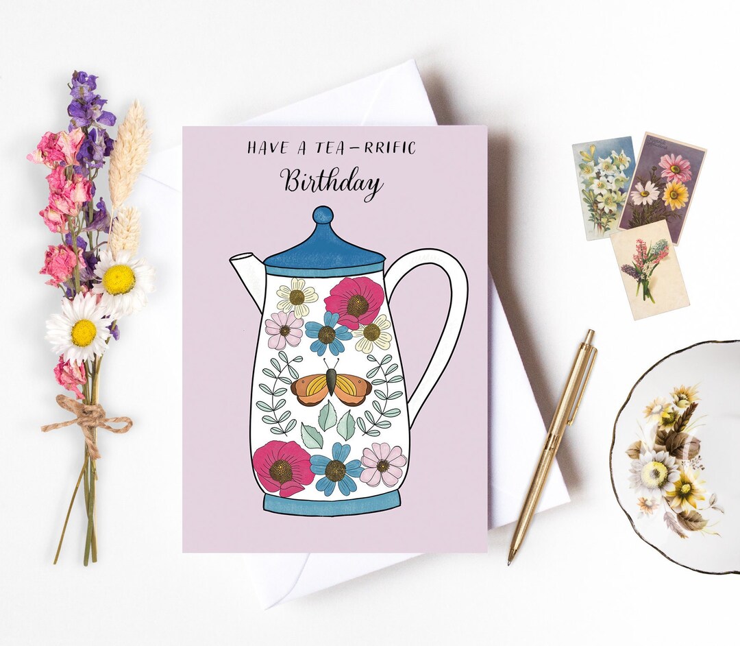 Tea Pot Greeting Card, Happy Birthday Flower Card, Blank Greeting Cards ...