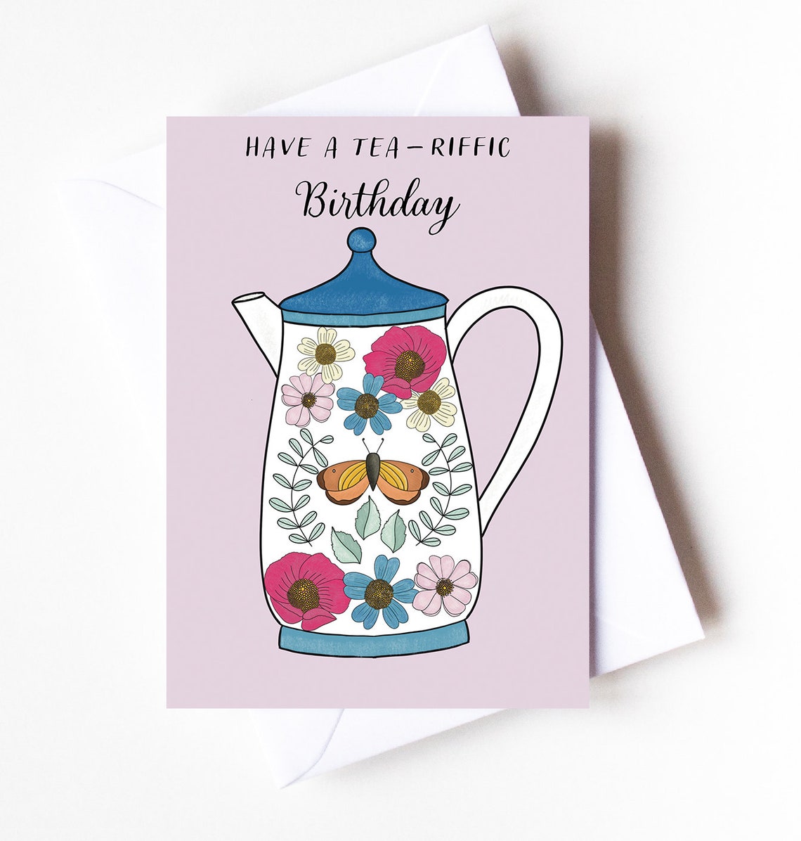Tea Pot Greeting Card, Happy Birthday Flower Card, Blank Greeting Cards ...