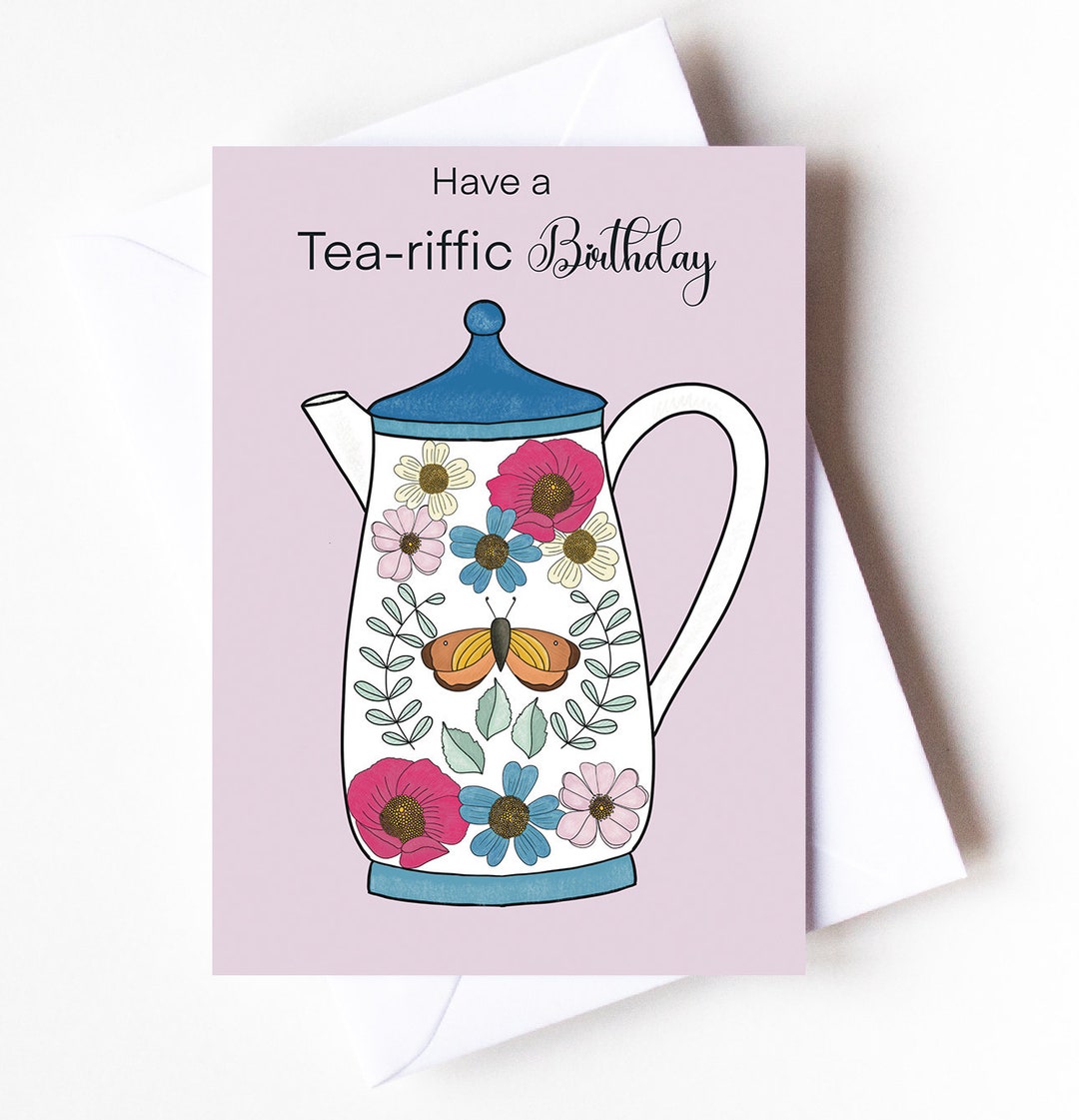 Tea Pot Greeting Card Happy Birthday Flower Card Blank - Etsy