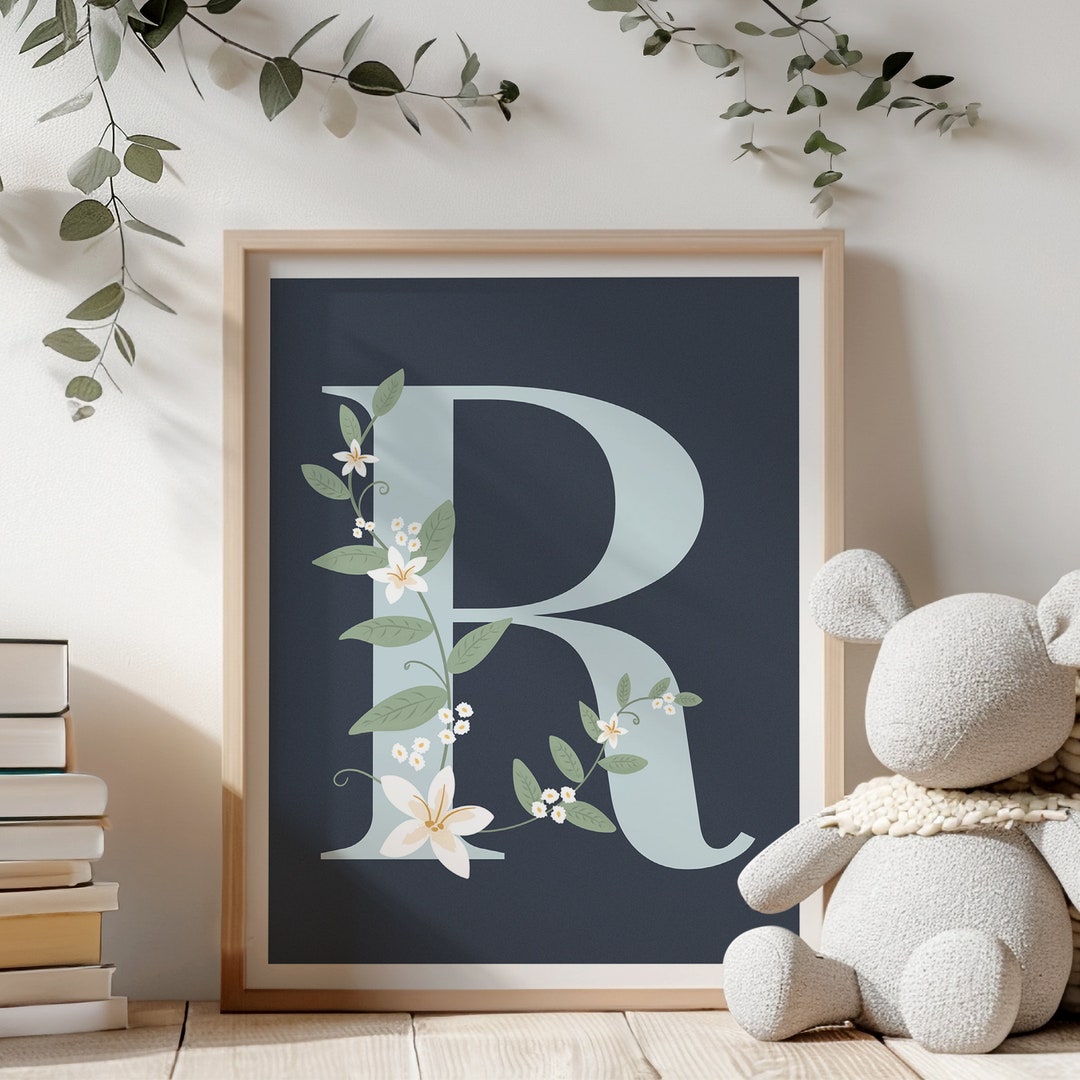 Printable Kids' Wall Art, Nursery Wall Decor, Floral Monogram Print ...