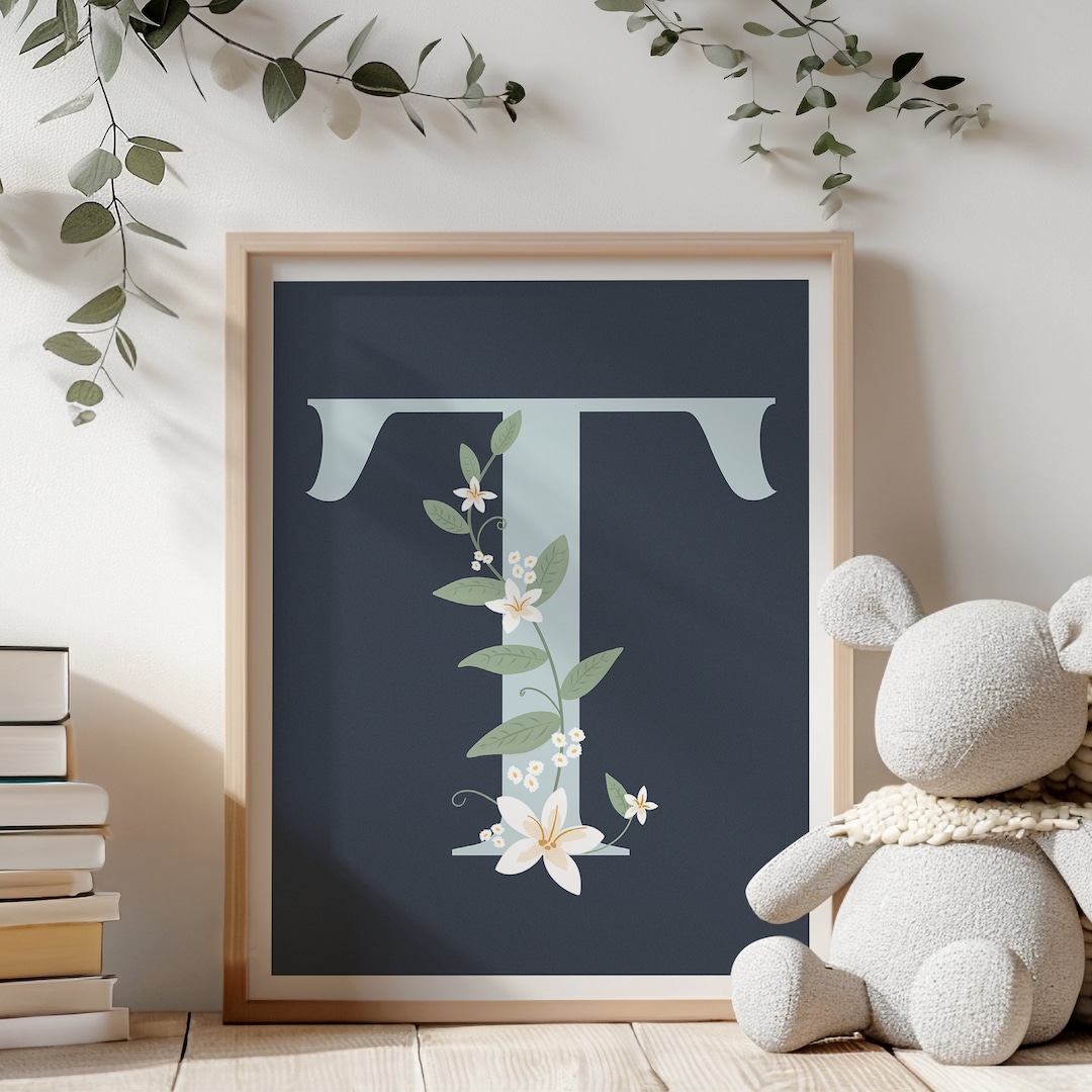 Monogram Nursery Wall Decor, Floral Alphabet, Letter T Print, Custom ...