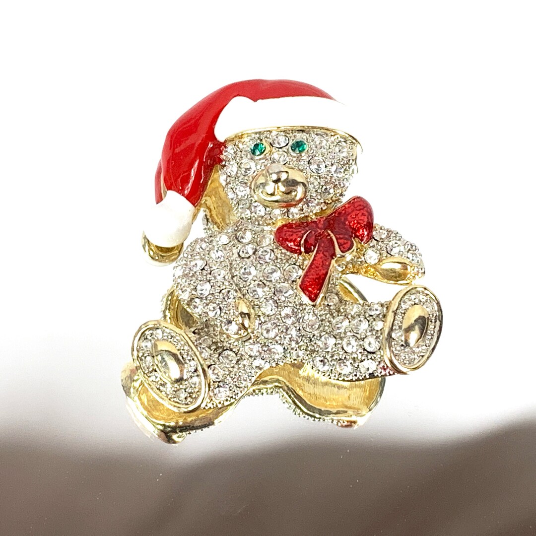 Vintage Sparkly Christmas Bear With Santa Hat, Rhinestone Holiday ...