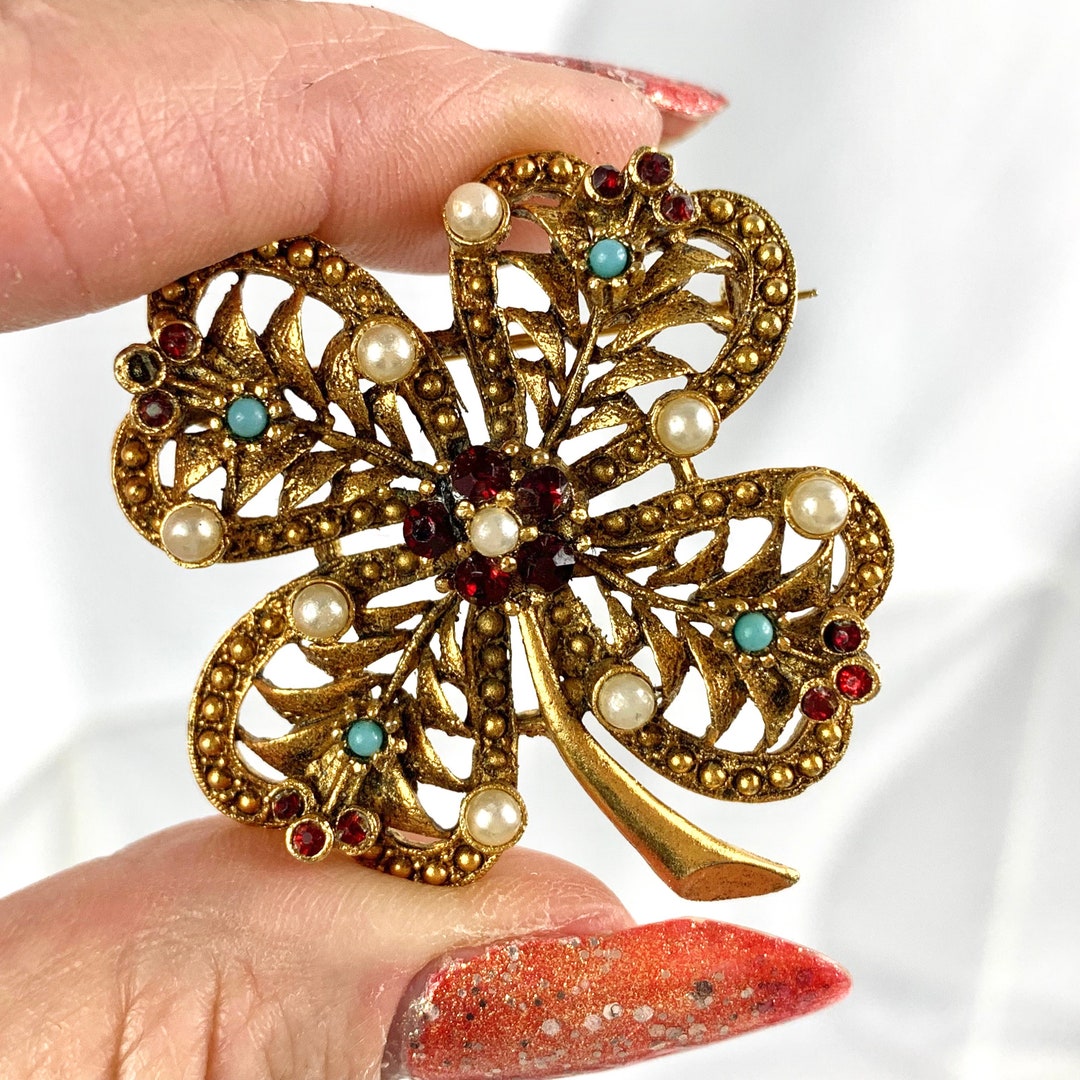 Shamrock St. Patrick's Day Jeweled Four Leaf Clover Brooch - Etsy