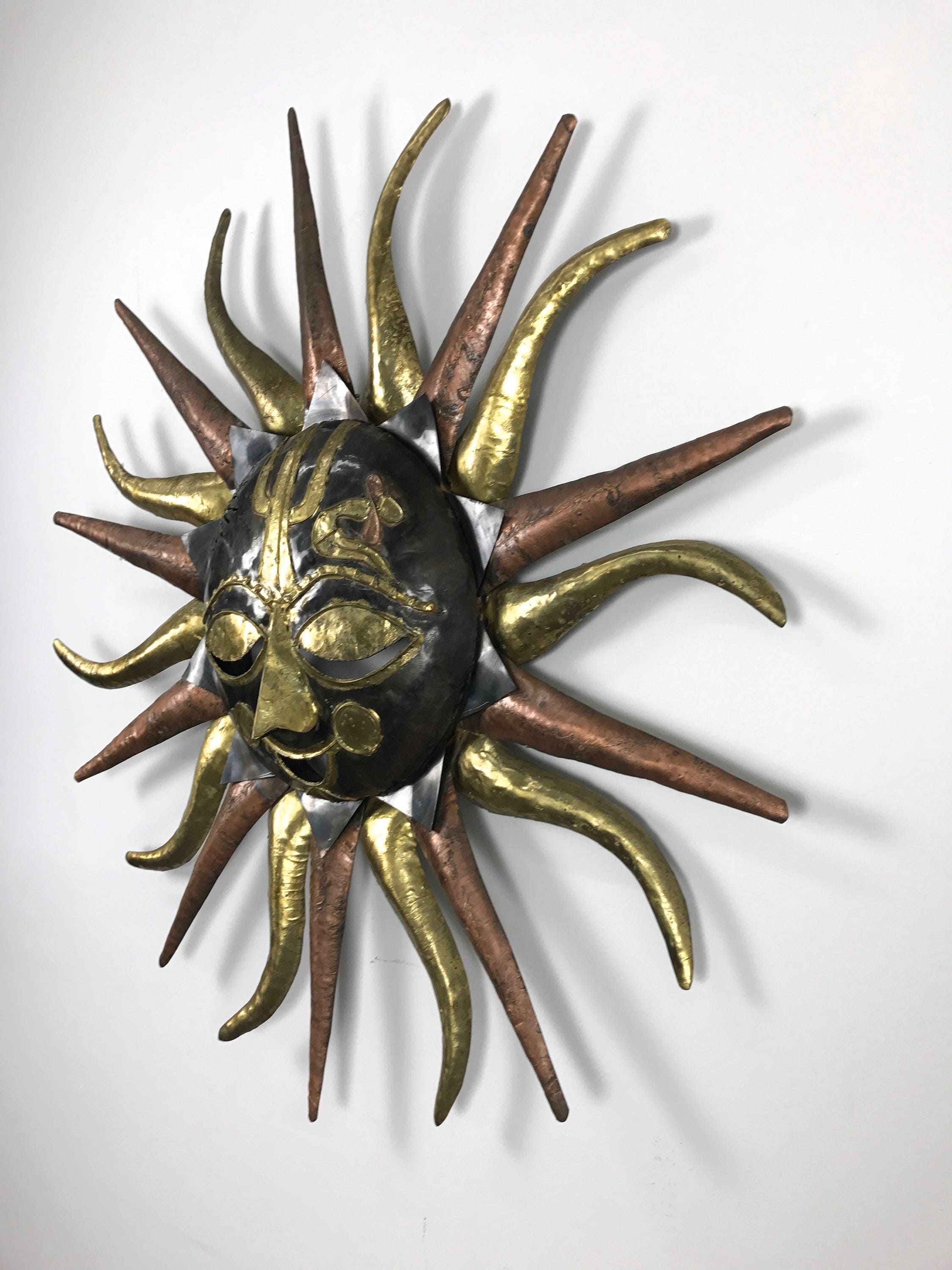 Vintage Brutalist Brass & Copper Sun Face Wall Sculpture 1970's Vintage Brutalist Brass & Copper Sun Face Wall Sculpture 1970's