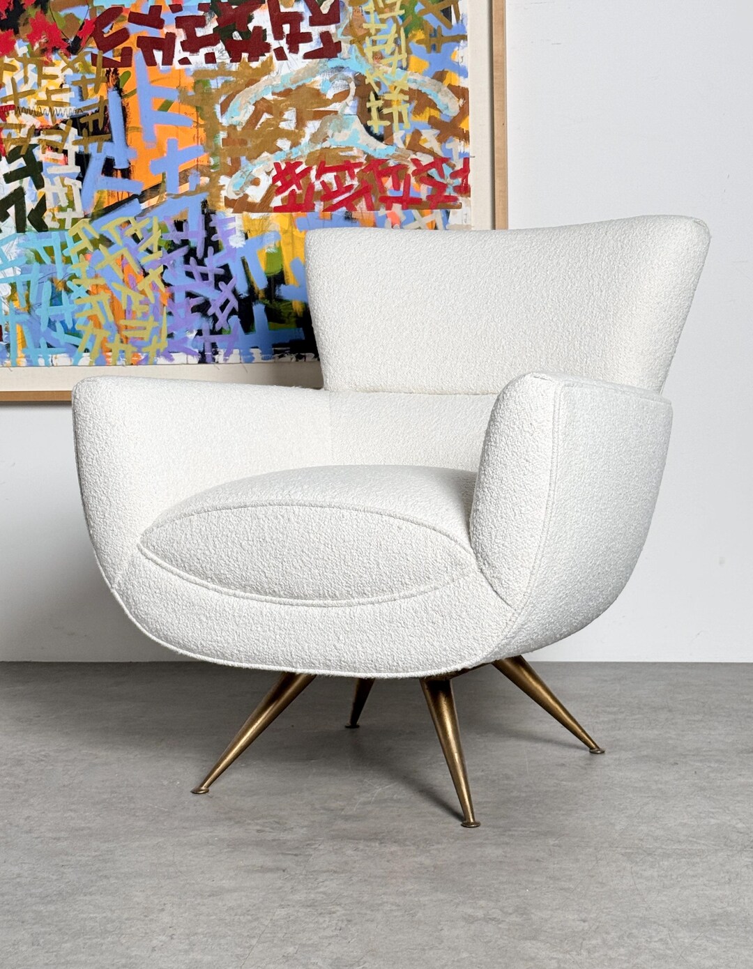Mid Century Modern Henry Glass Swivel Lounge Chair in White Boucle With ...