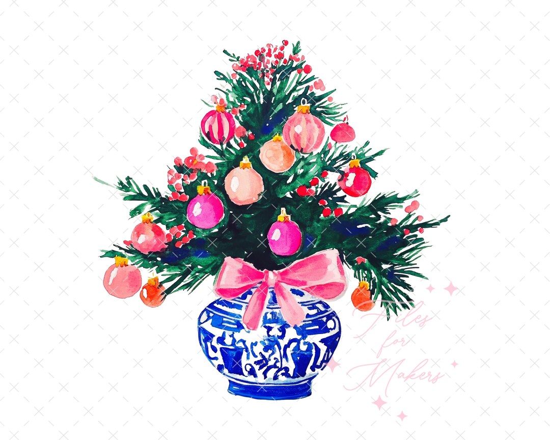 Preppy Pink Christmas Tree in Chinoiserie Vase Png, Preppy Christmas ...