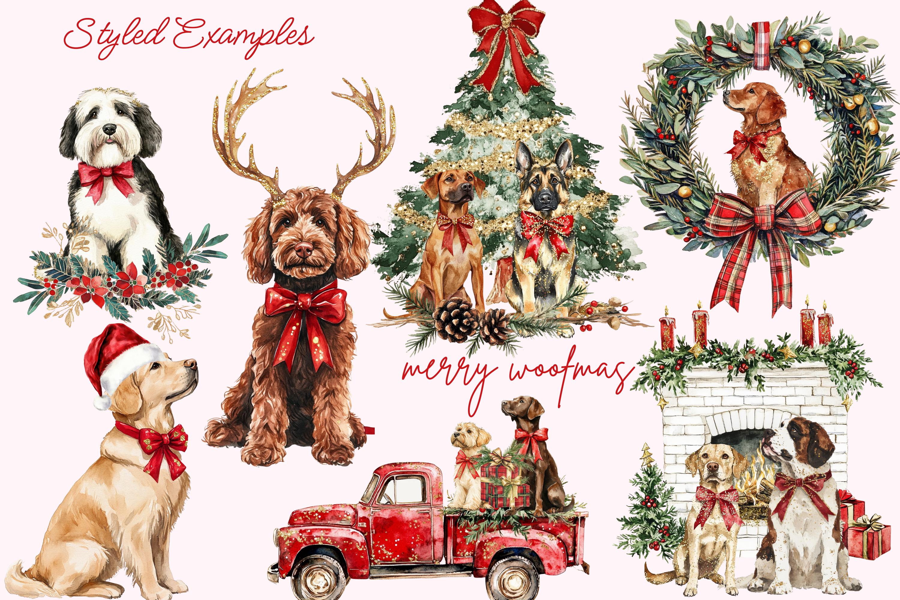 Watercolor Christmas Dogs With Red Bow Clip Art Set (250+ Images), PNG ...