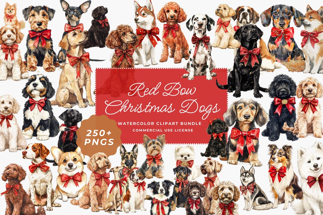 Watercolor Christmas Dogs With Red Bow Clip Art Set (250+ Images), PNG ...