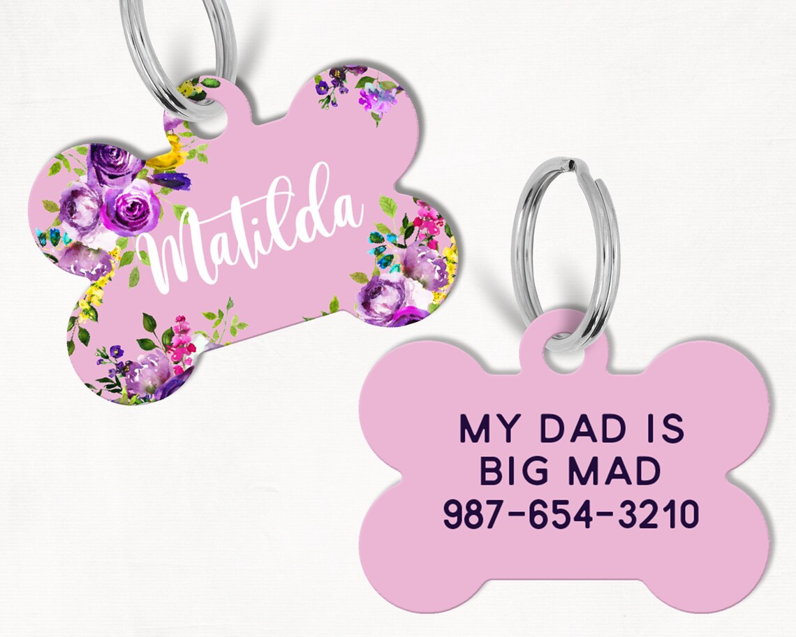 Purple & Yellow Floral Personalized Dog Tag Floral Custom Dog - Etsy