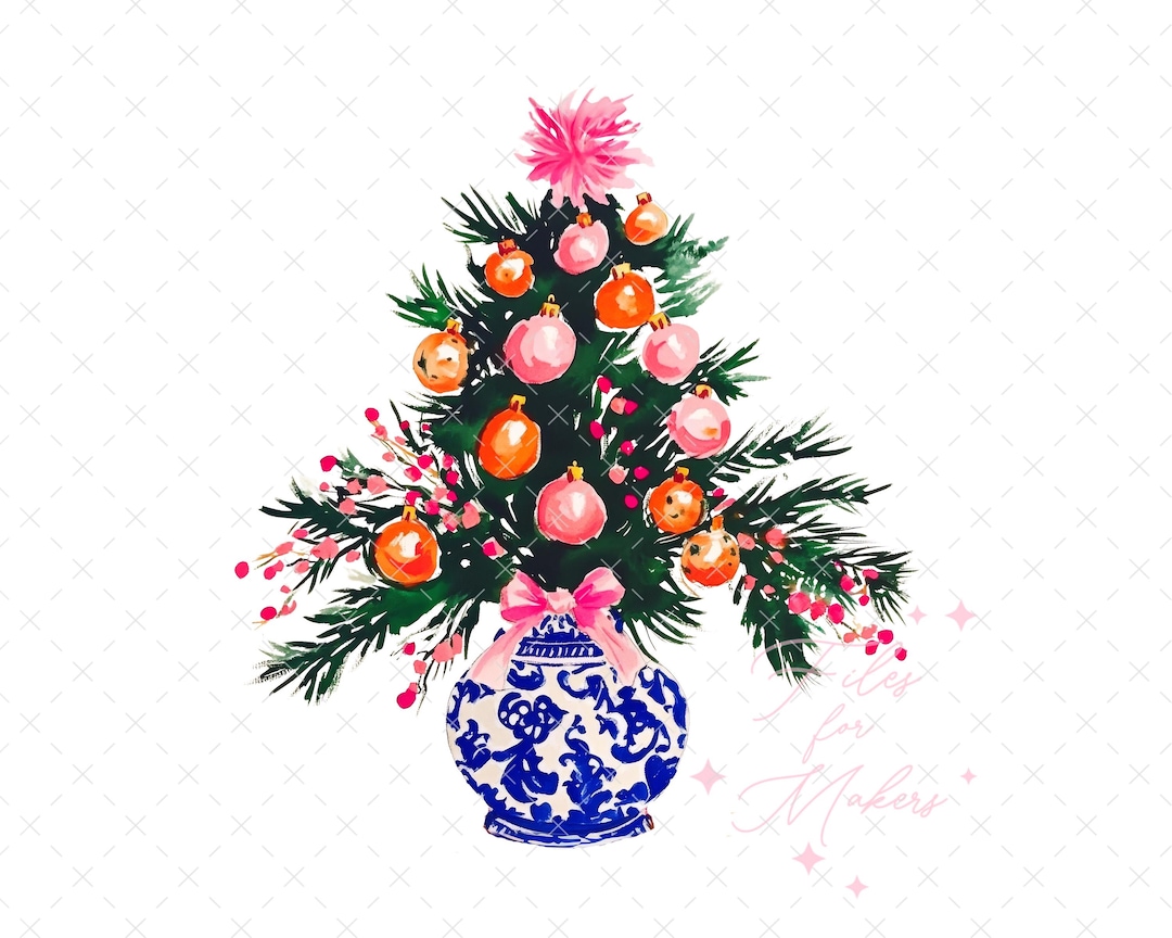 Preppy Christmas Tree in Chinoiserie Vase Png, Grand Millenial ...