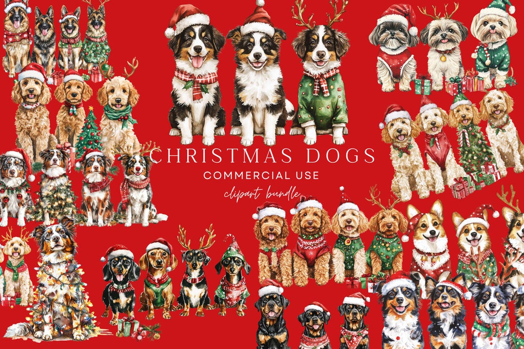 Christmas Dogs Clipart Bundle Png Design, Watercolor Dog Png, Holiday ...